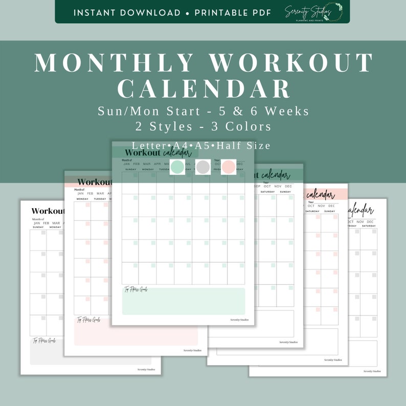 Monthly Workout Calendar Printable, Fitness Tracker, Workout Planner ...