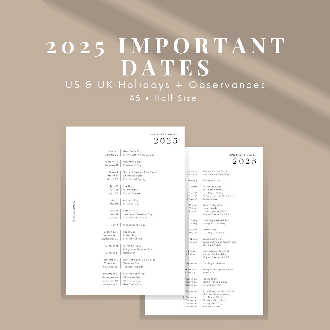 2025 Important Dates, List of Holidays, US Public Holidays, UK Bank ...