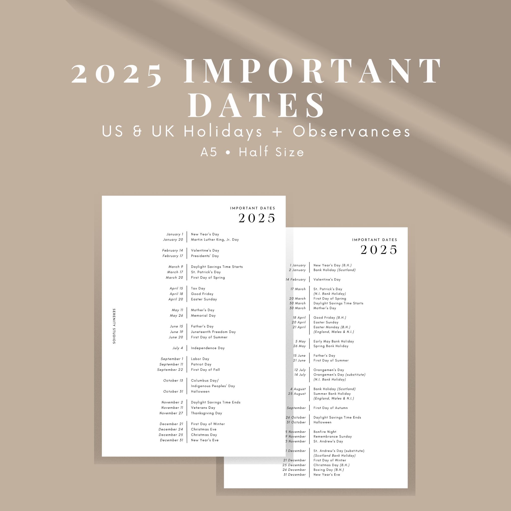 2025 Important Dates, List of Holidays, US Public Holidays, UK Bank ...