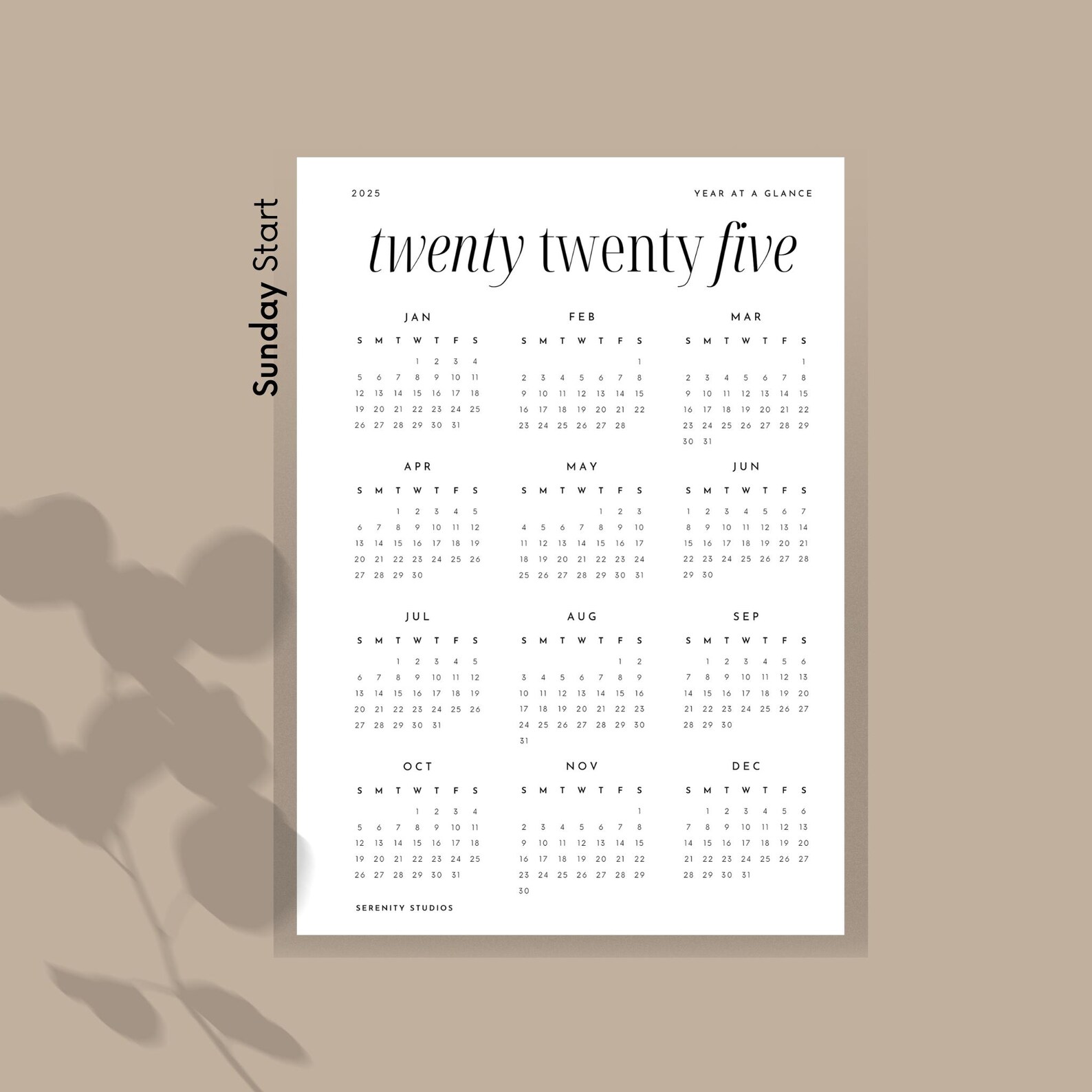 DASHBOARD 2025 at a Glance Planner Insert, Sunday Monday Start, Yearly ...