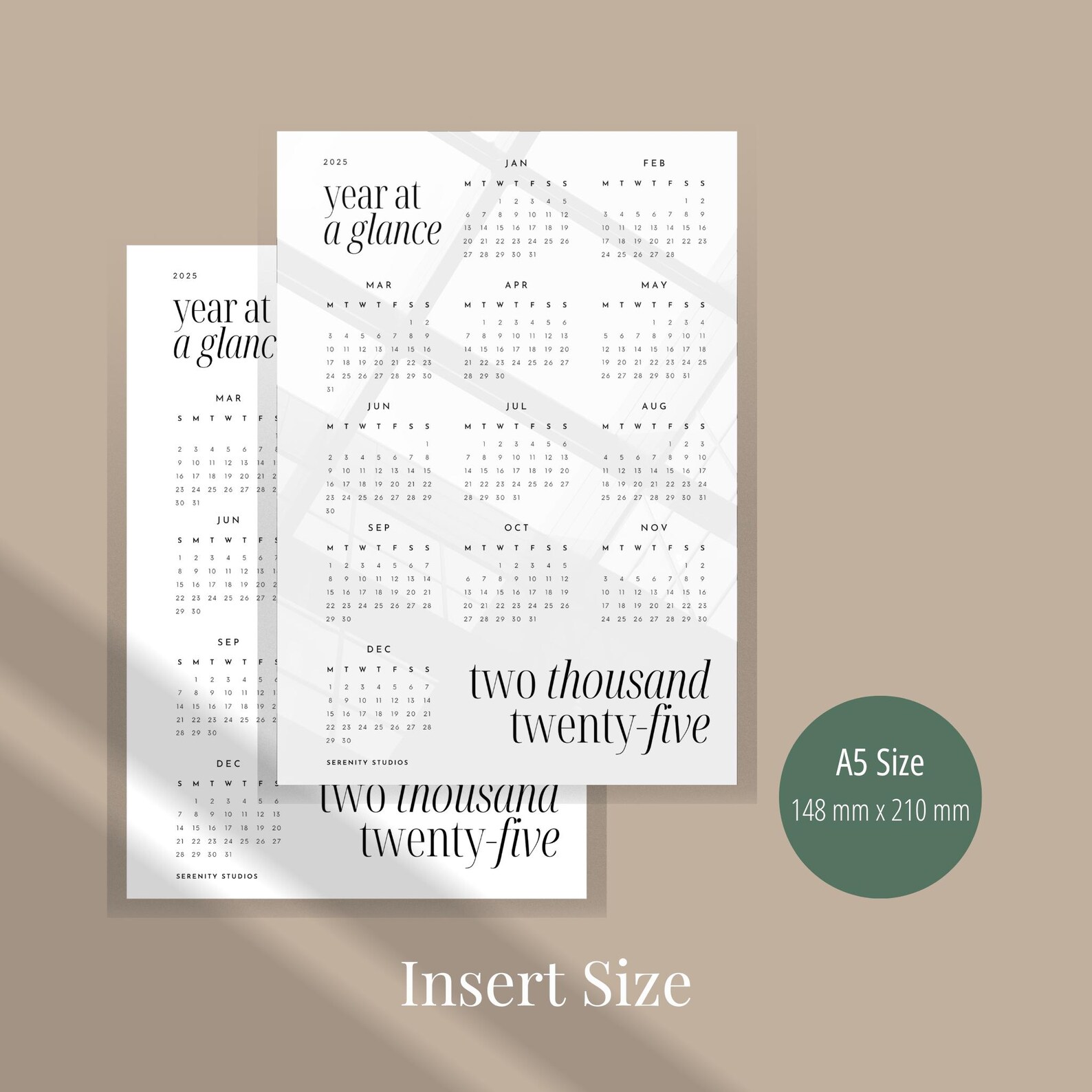 DASHBOARD 2025 at a Glance Planner Insert, Sunday Monday Start, Yearly ...