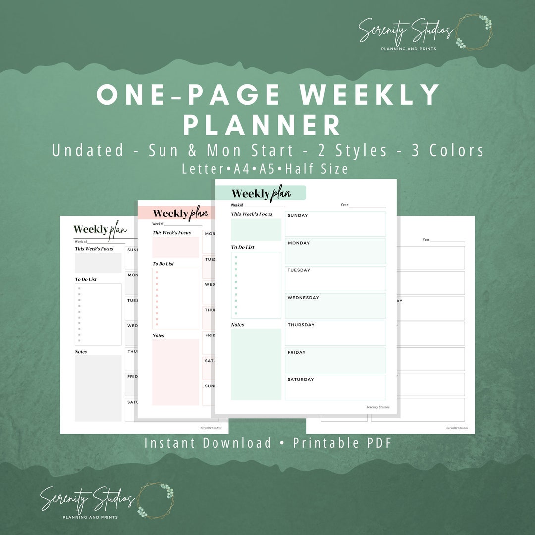 Undated Weekly Planner Printable, Week on One Page, Weekly Agenda, to ...
