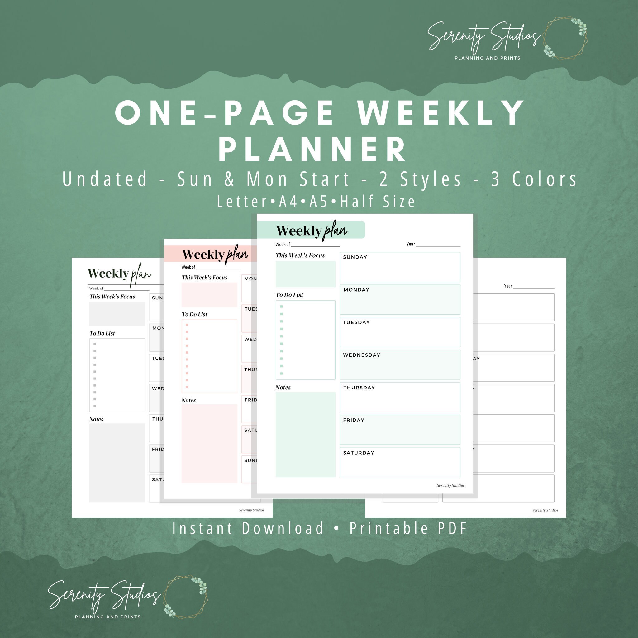 Undated Weekly Planner Printable, Week on One Page, Weekly Agenda, to ...