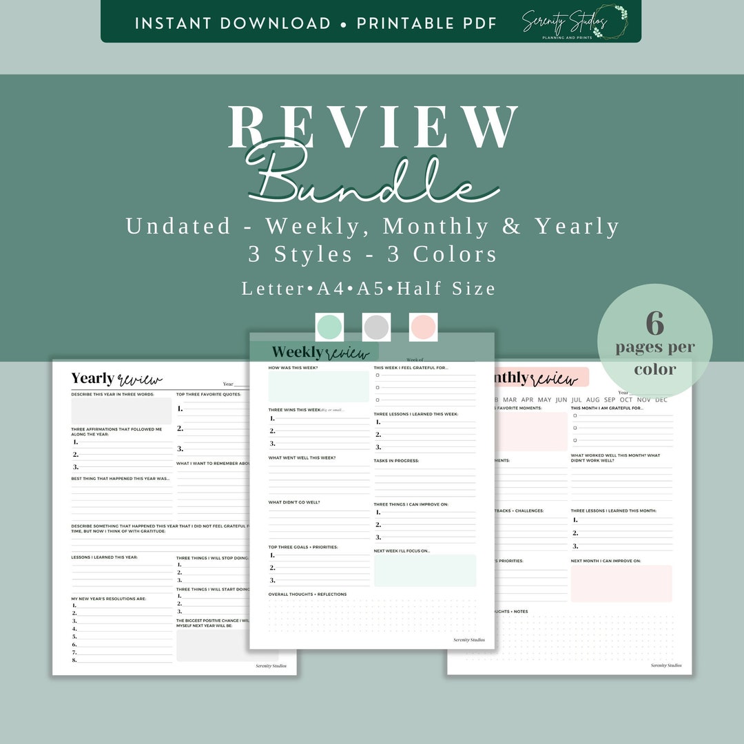 Review BUNDLE, Weekly Monthly Yearly Review Arbeitsblatt, Reflection ...
