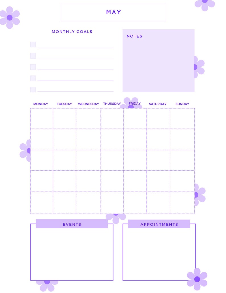 Purple Digital Planner, Monthly Calendar Printable Planner, Flower ...