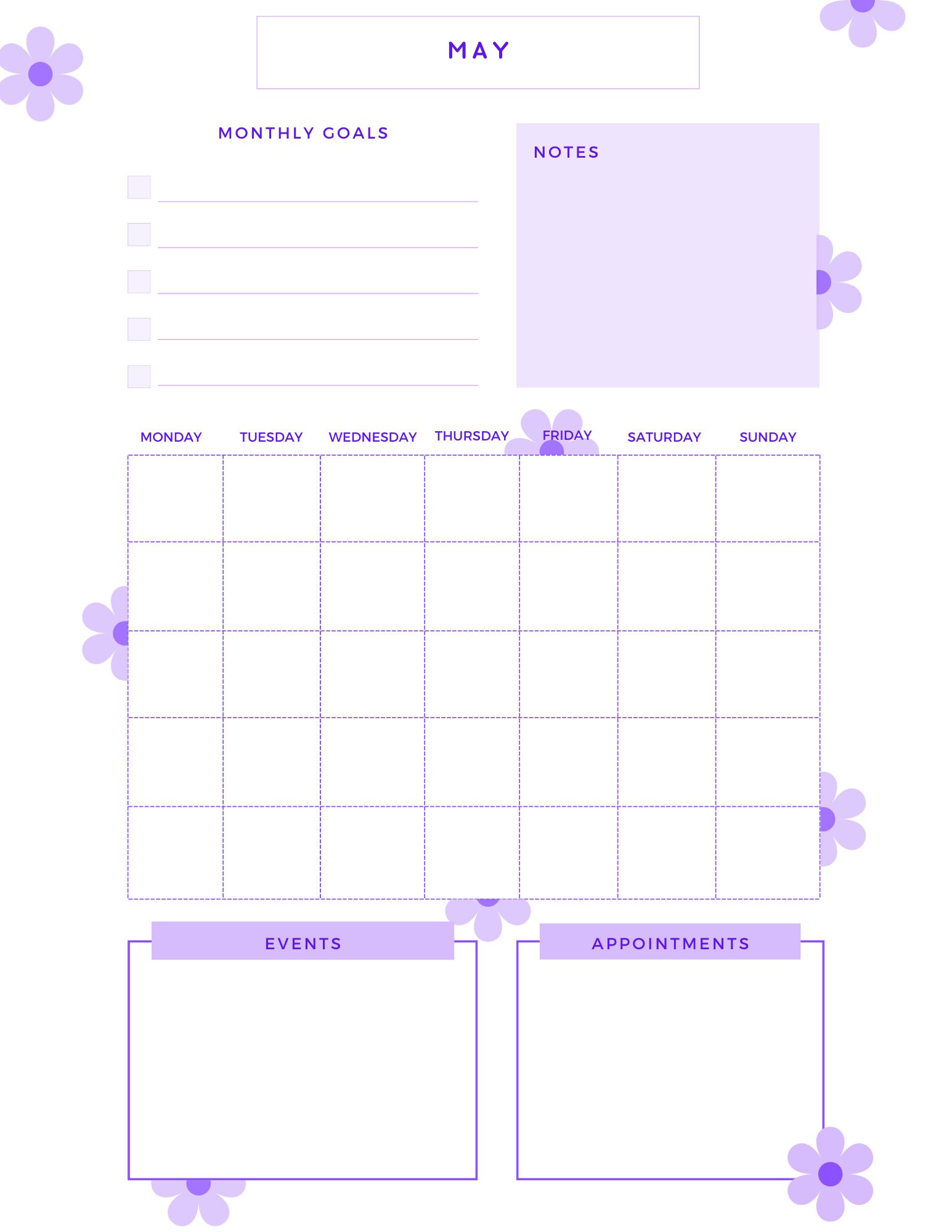 Purple Digital Planner, Monthly Calendar Printable Planner, Flower ...