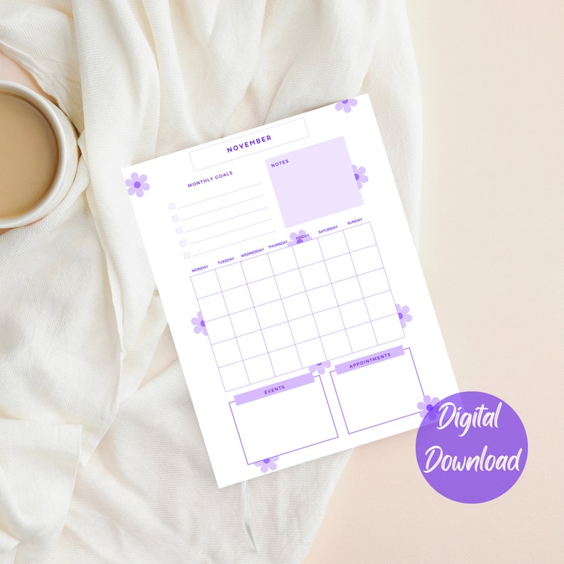 Purple Digital Planner, Monthly Calendar Printable Planner, Flower ...
