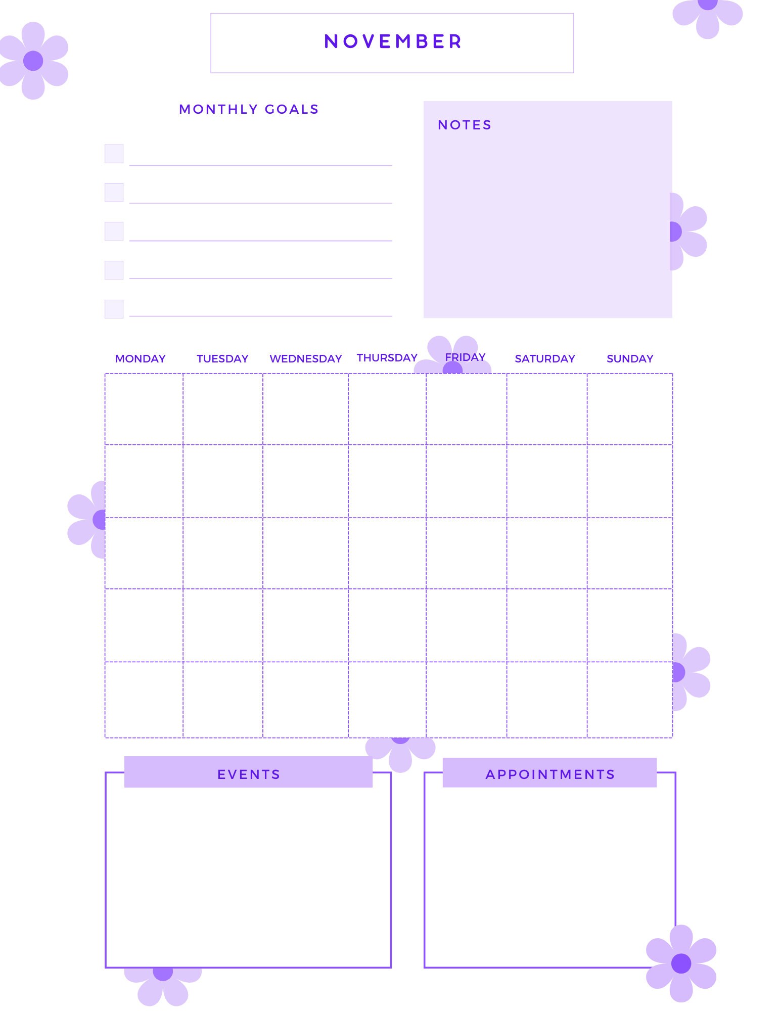 Purple Digital Planner, Monthly Calendar Printable Planner, Flower ...
