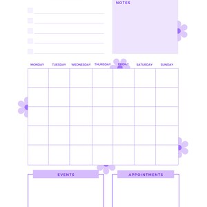 Purple Digital Planner, Monthly Calendar Printable Planner, Flower ...