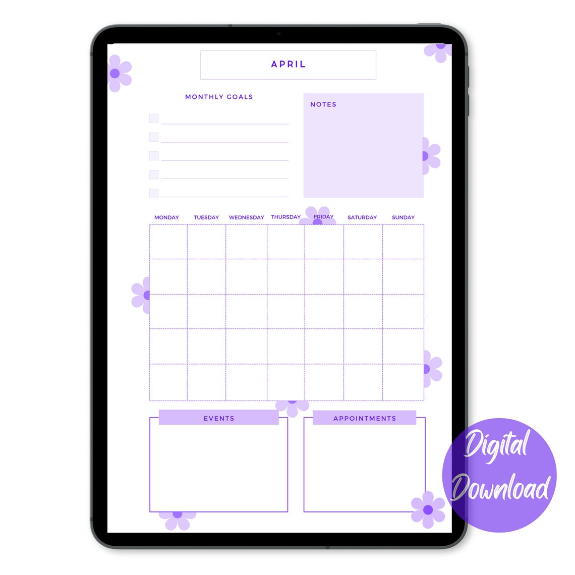 Purple Digital Planner, Monthly Calendar Printable Planner, Flower ...