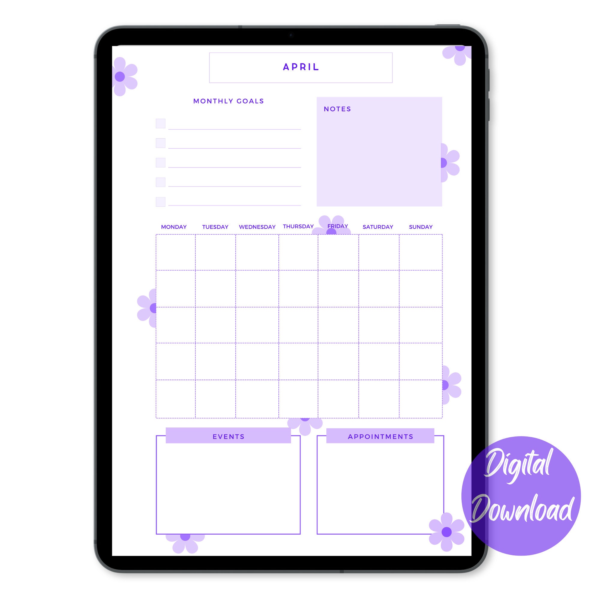 Purple Digital Planner, Monthly Calendar Printable Planner, Flower ...