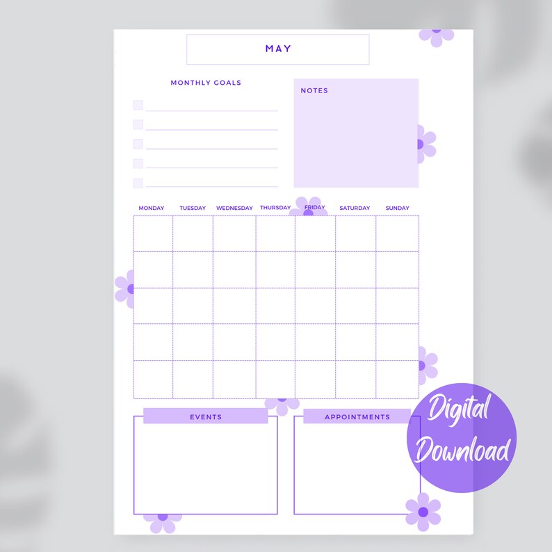 Purple Digital Planner, Monthly Calendar Printable Planner, Flower ...
