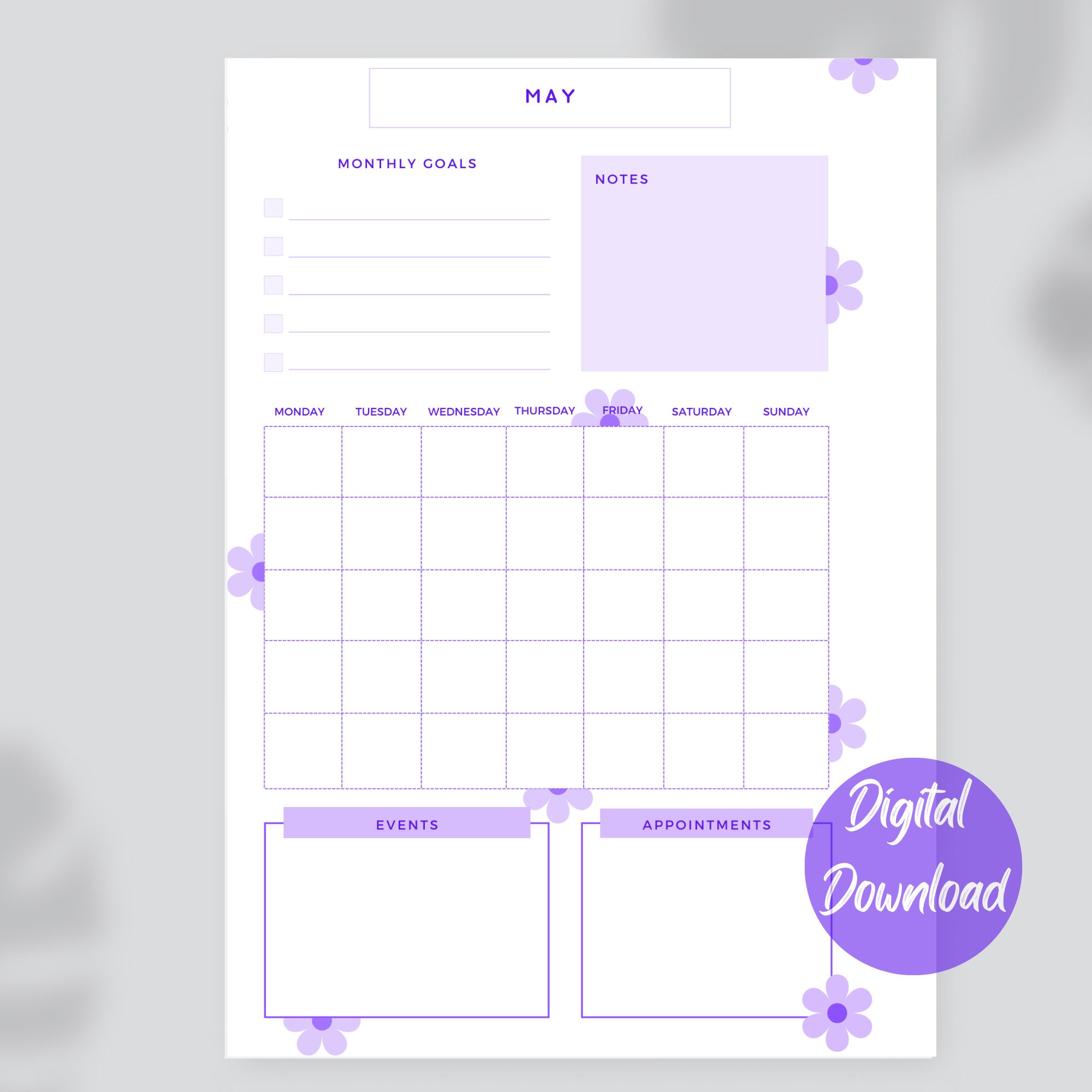 Purple Digital Planner, Monthly Calendar Printable Planner, Flower ...