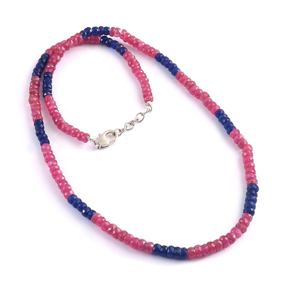 Natural Ruby Blue Sapphire Necklace, Natural 92.5 Silver Necklace ...