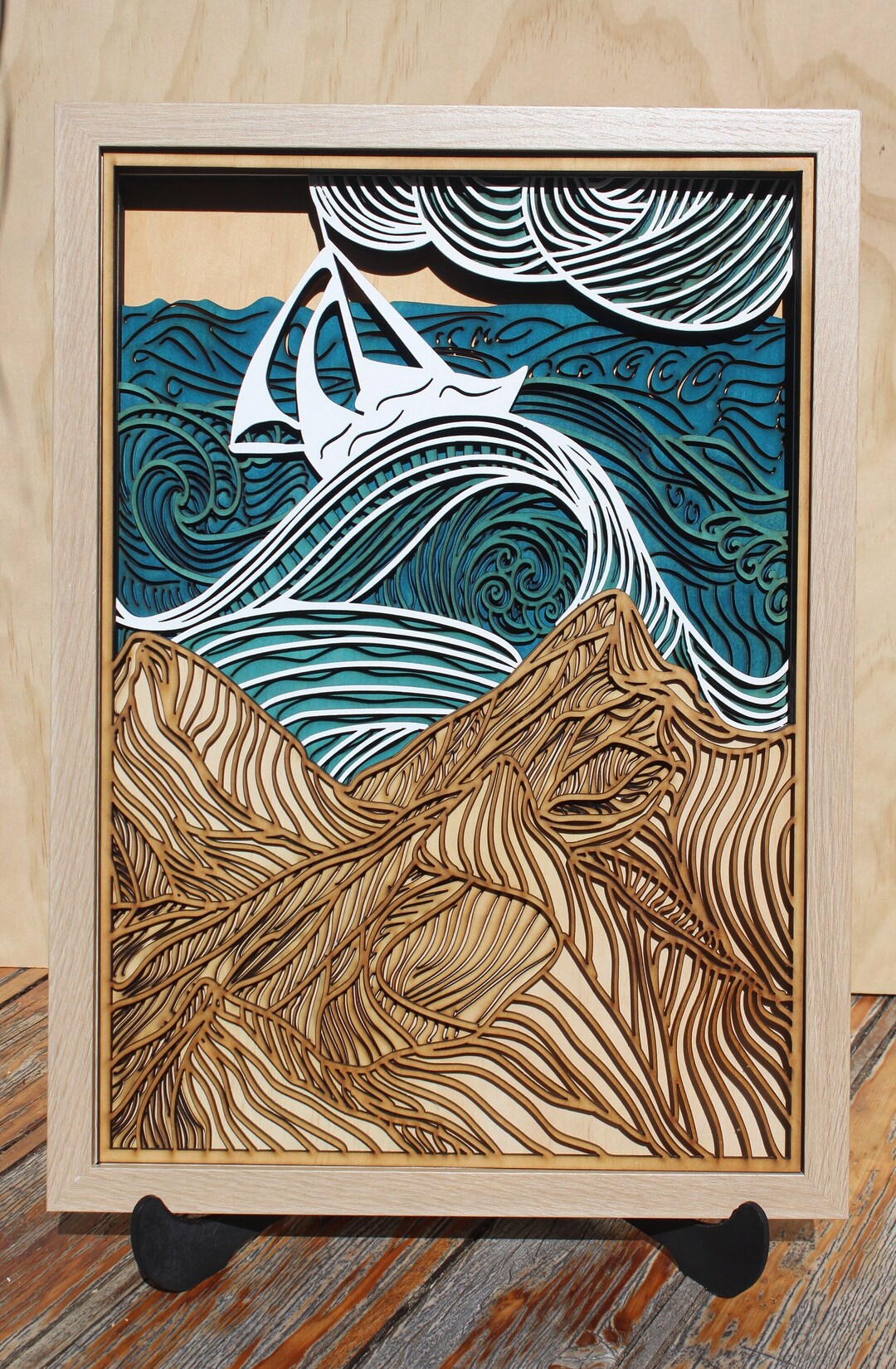 Wavey Boat 3D Layered Artwork: Laser Cut Plywood Sculpture, Nautical ...