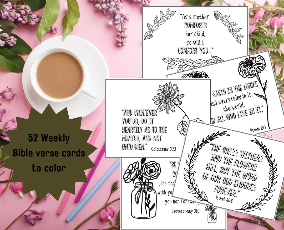 Coloring Bible Verse Cards, Printable Floral Coloring Cards, Faith ...