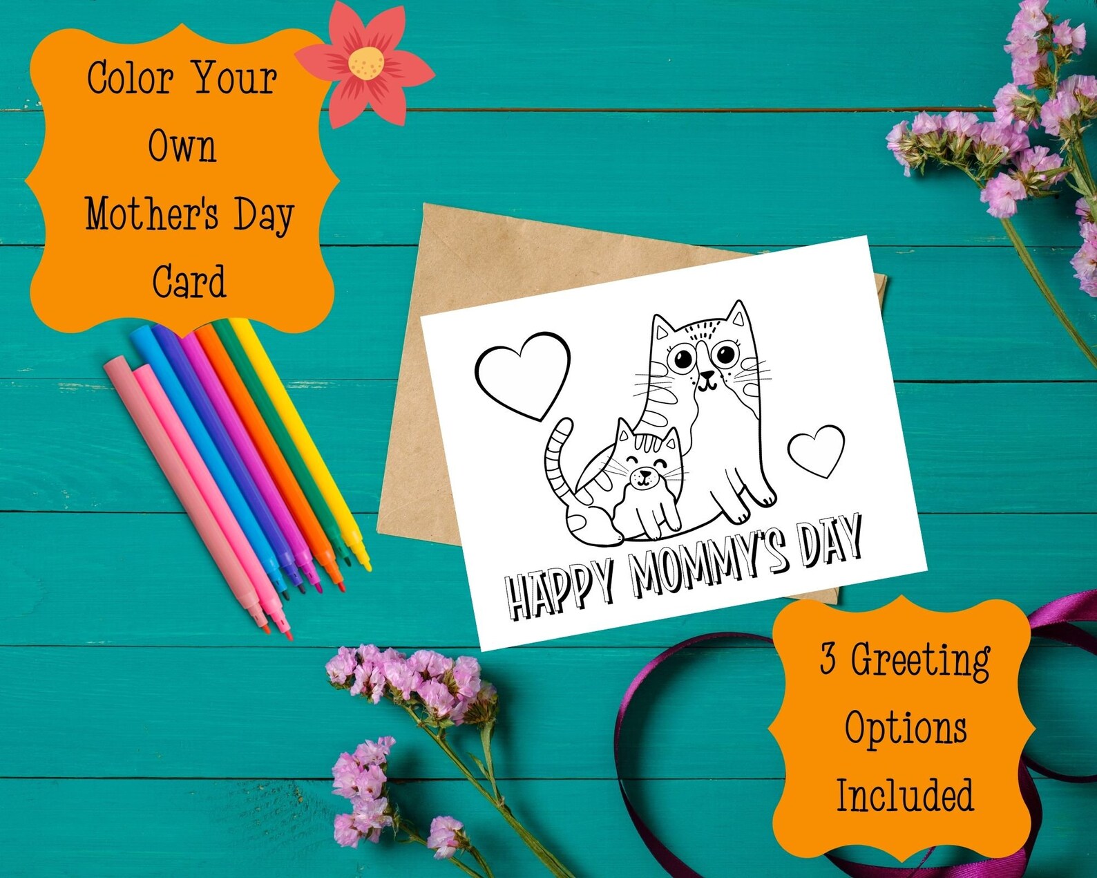 Printable Color Your Own Mothers Day Card, Mom and Baby Cat, Color Your ...