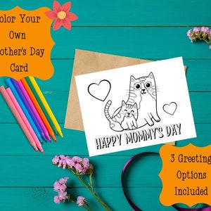 Printable Color Your Own Mothers Day Card, Mom and Baby Cat, Color Your ...