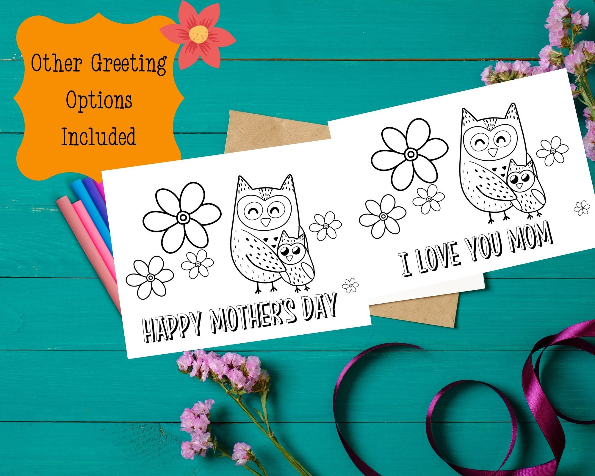 Printable Color Your Own Mothers Day Card, Mom and Baby Owl, Color Your ...