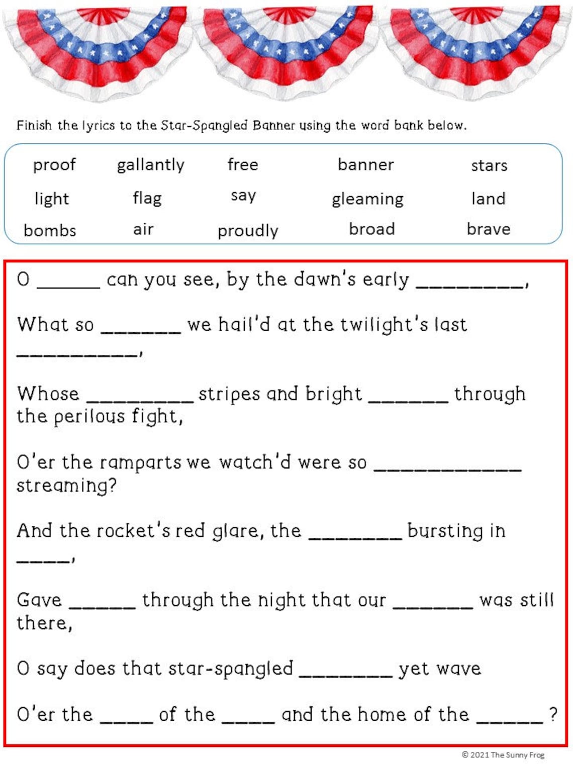 Printable National Anthem Worksheets and Activities, Star Spangled ...