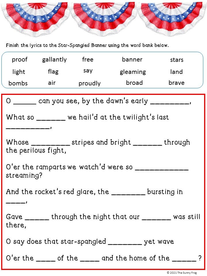 Printable National Anthem Worksheets and Activities, Star Spangled ...