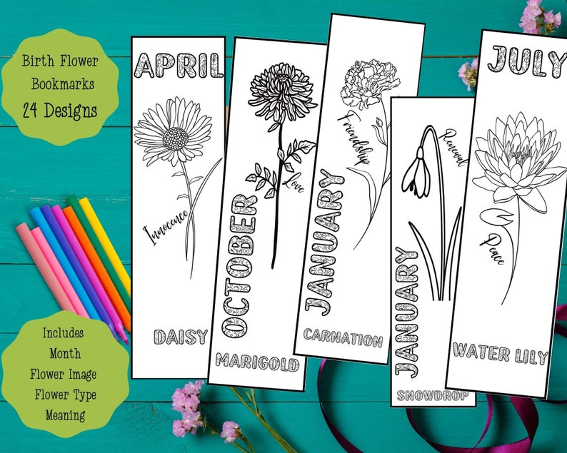 Printable Color Your Own Birth Flower Bookmarks, 24 Designs Birth ...