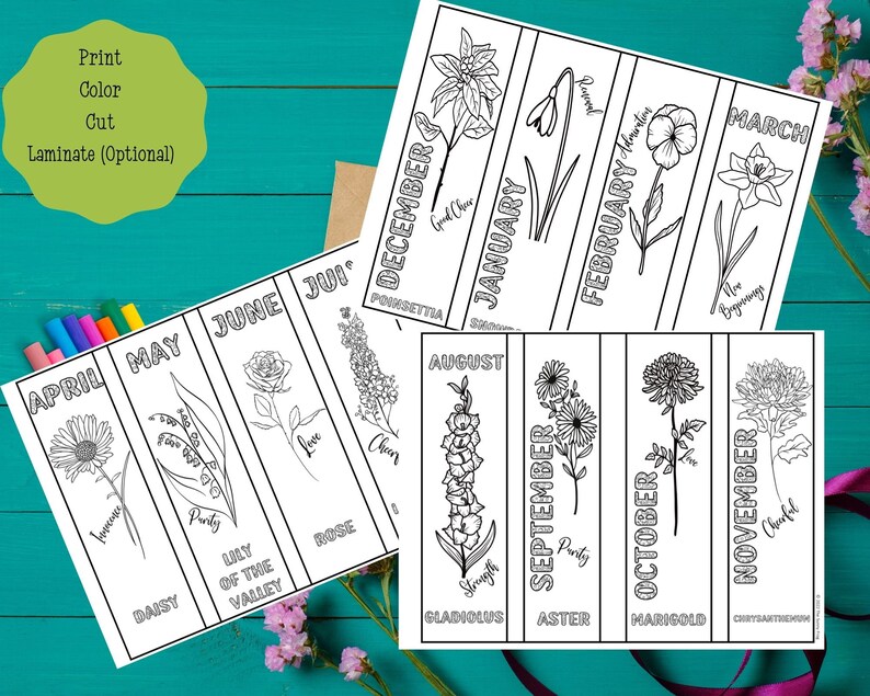 Printable Color Your Own Birth Flower Bookmarks, 24 Designs Birth ...