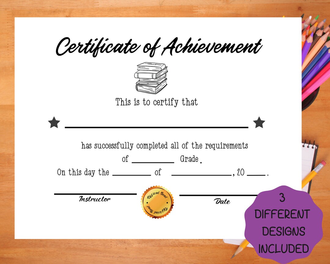 Printable Certificate of Achievement, Grade Completion Diploma ...