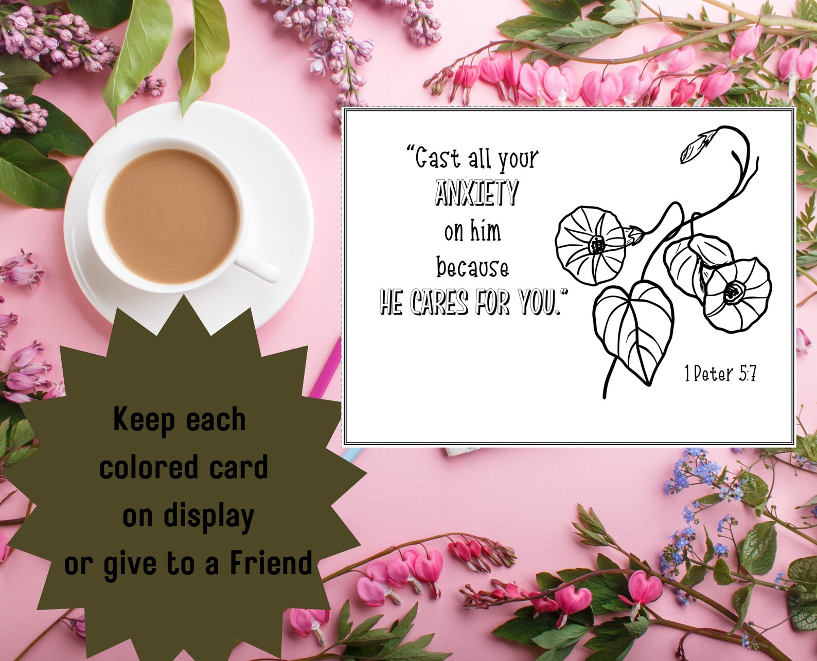 Coloring Bible Verse Cards, Printable Floral Coloring Cards, Faith ...