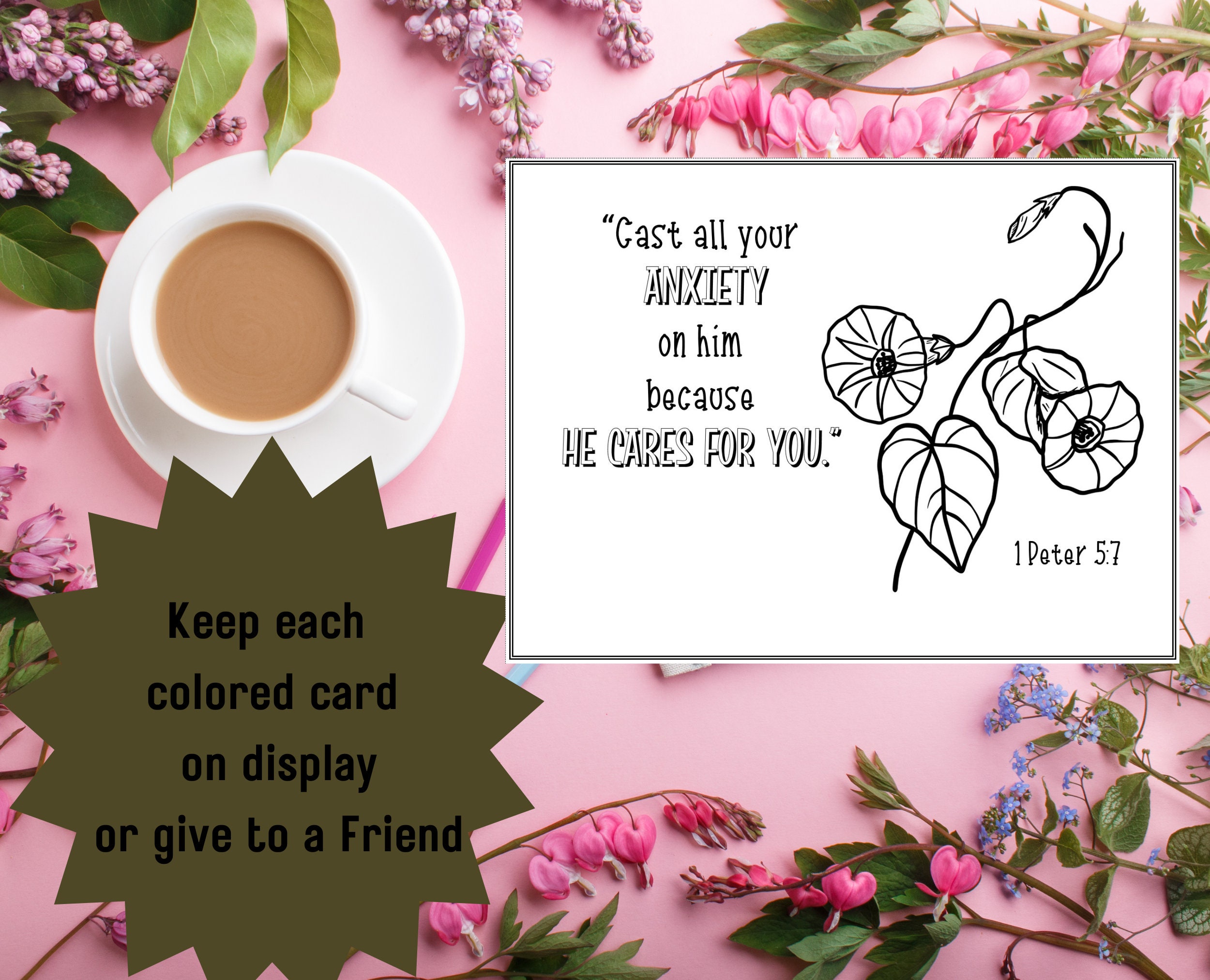 Coloring Bible Verse Cards, Printable Floral Coloring Cards, Faith ...