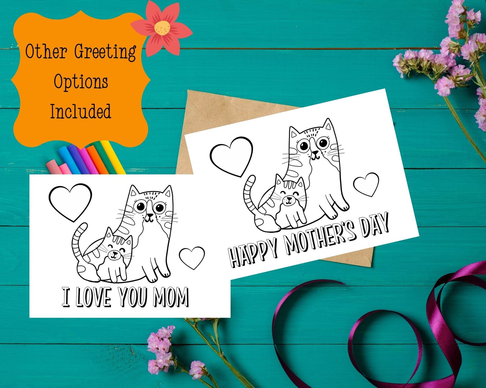 Printable Color Your Own Mothers Day Card, Mom and Baby Cat, Color Your ...