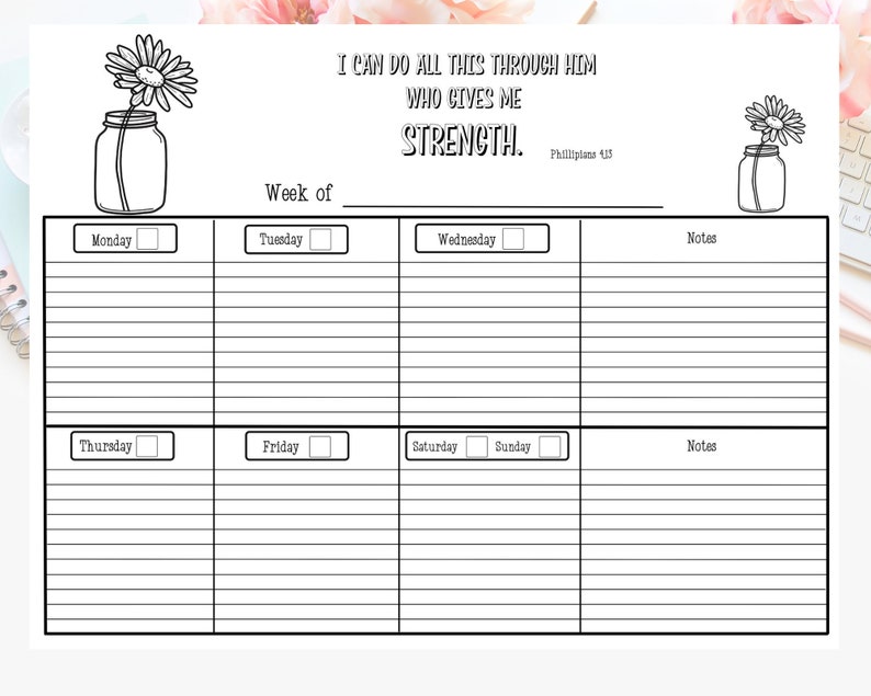 Printable Weekly Bible Verse Planner, Color Your Own Planner, Black and ...