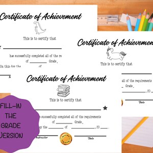 Printable Certificate of Achievement, Grade Completion Diploma ...