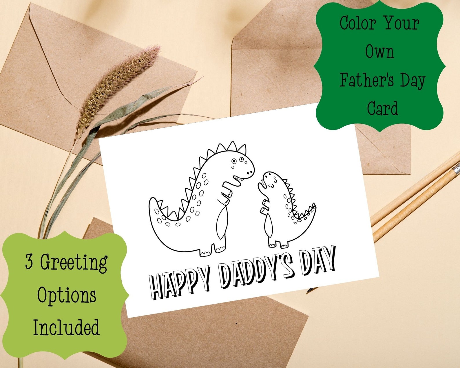 Printable Color Your Own Fathers Day Card, Dad and Baby Dinosaur, Color ...