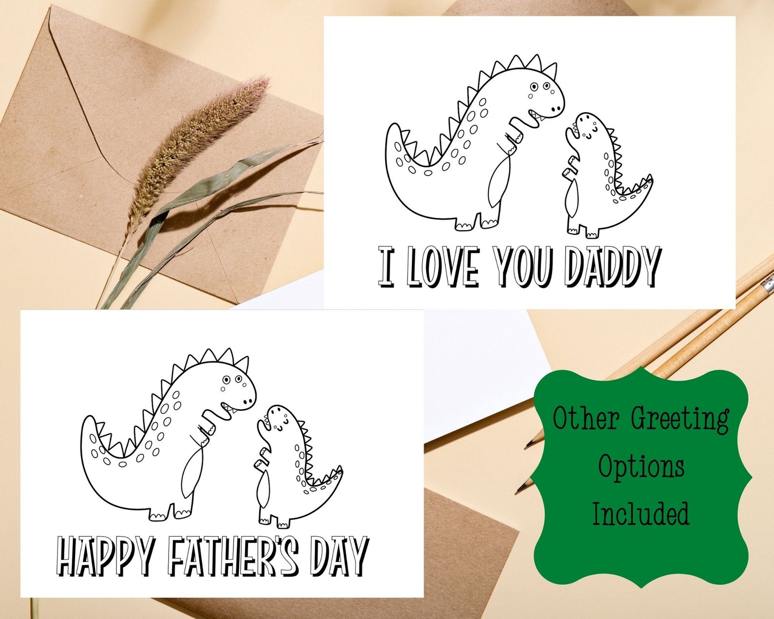 Printable Color Your Own Fathers Day Card, Dad and Baby Dinosaur, Color ...