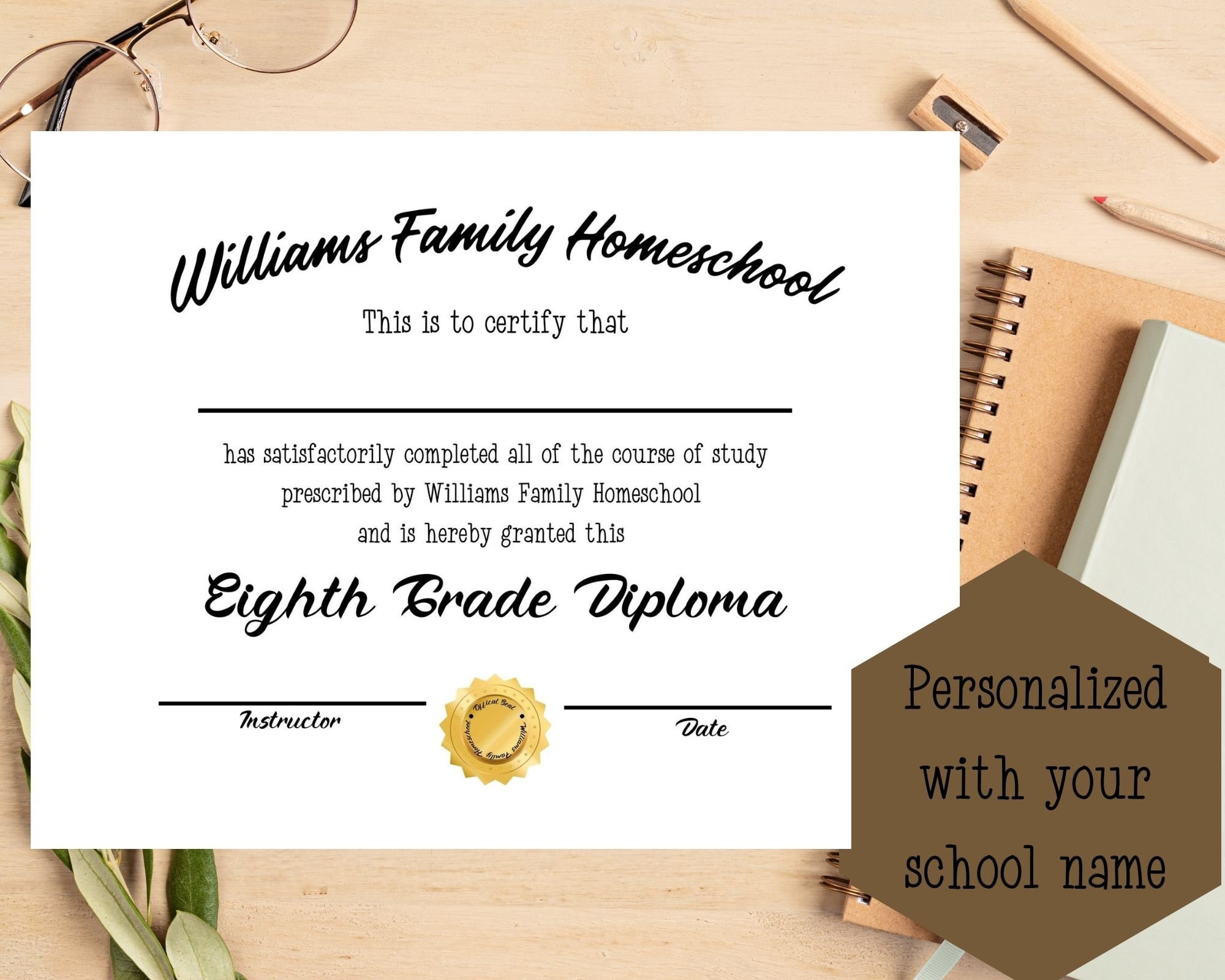 Printable Personalized Homeschool Eighth Grade Diploma, Homeschool ...