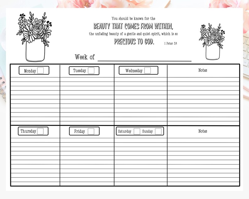 Printable Weekly Bible Verse Planner, Color Your Own Planner, Black and ...