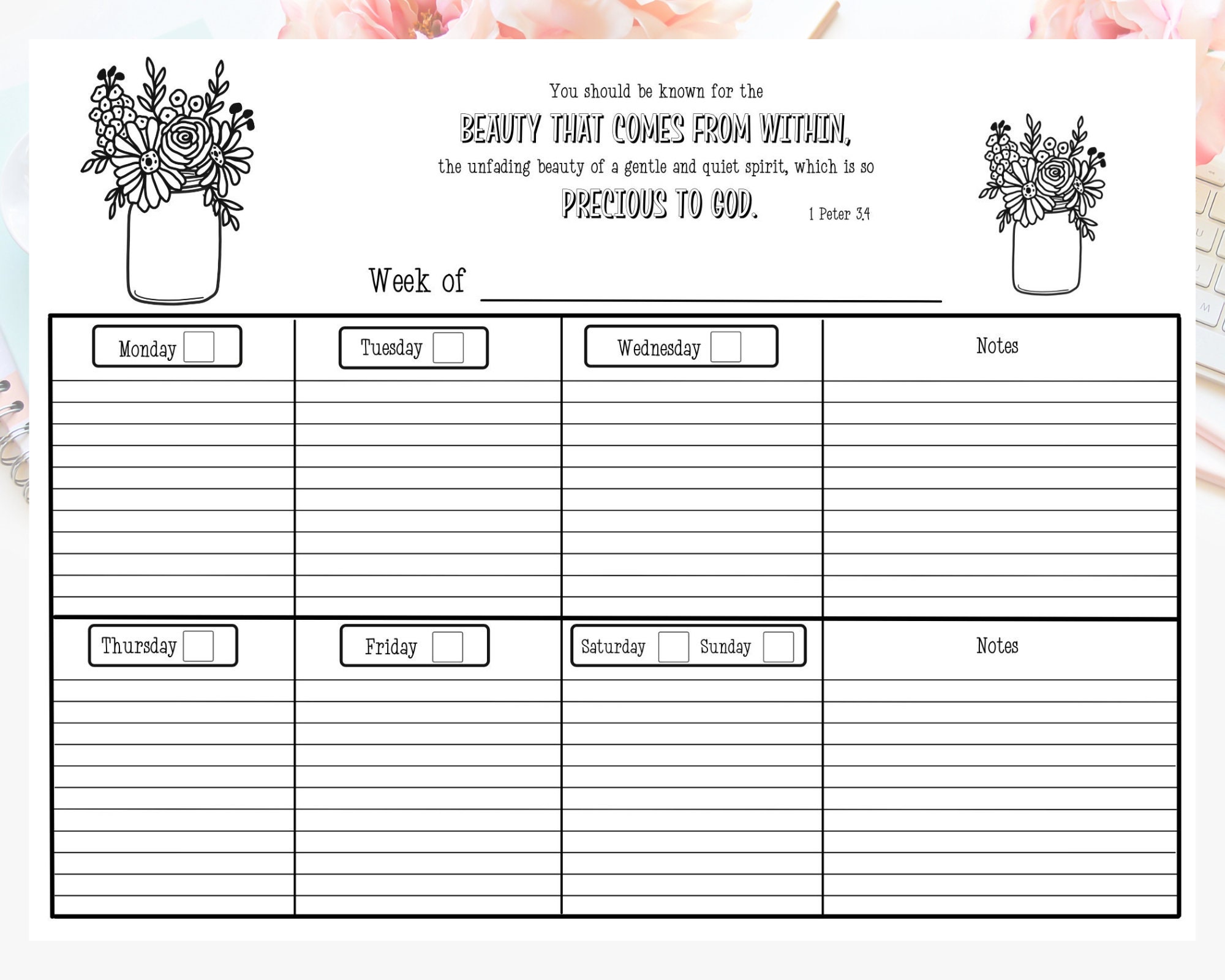 Printable Weekly Bible Verse Planner, Color Your Own Planner, Black and ...