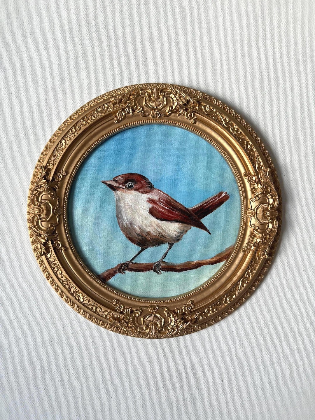 Sparrow Original Oil Painting Bird Small Miniature With Round Vintage ...
