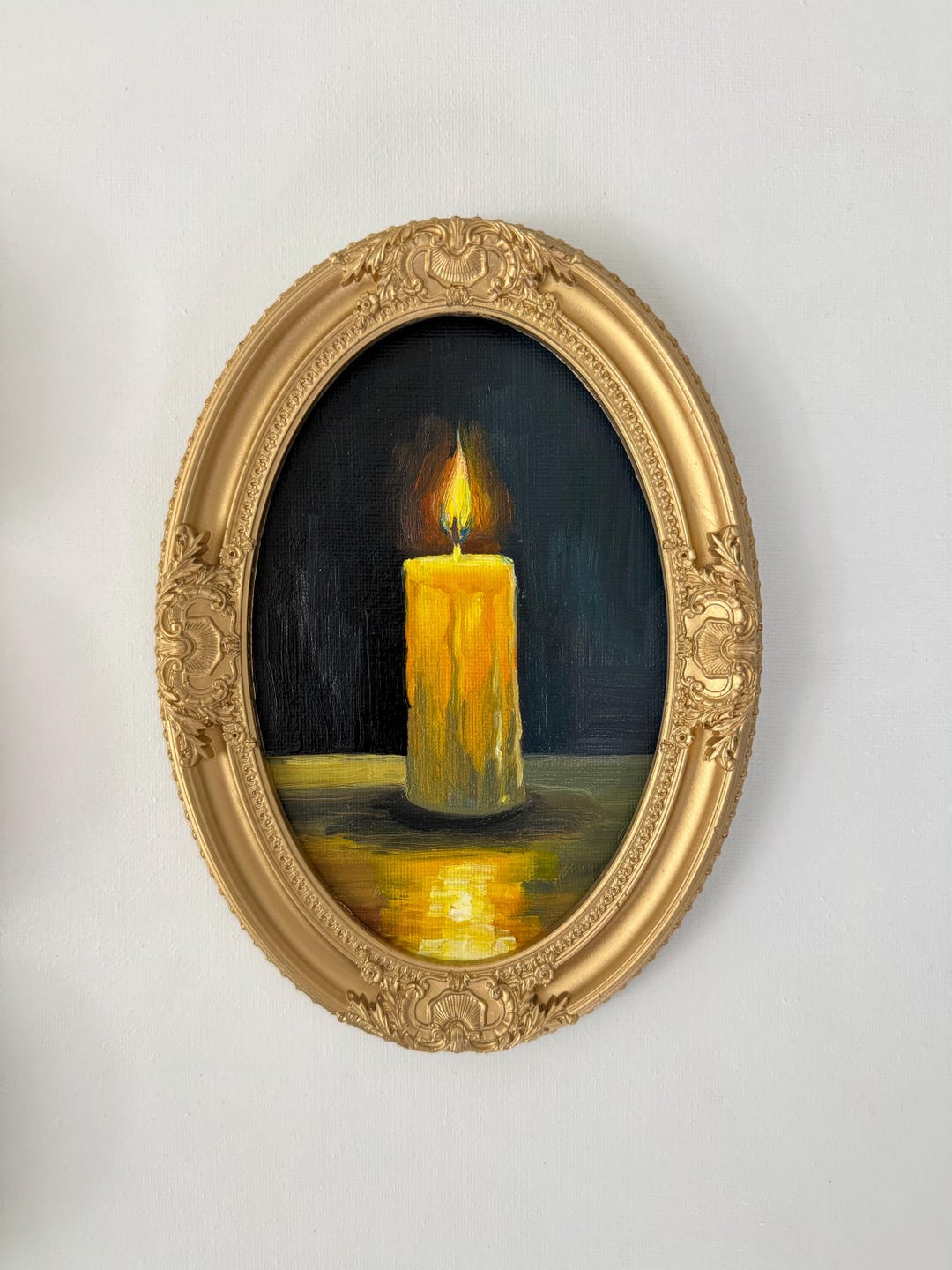 Burning Candle Original Oil Painting Small Miniature With Oval Golden ...