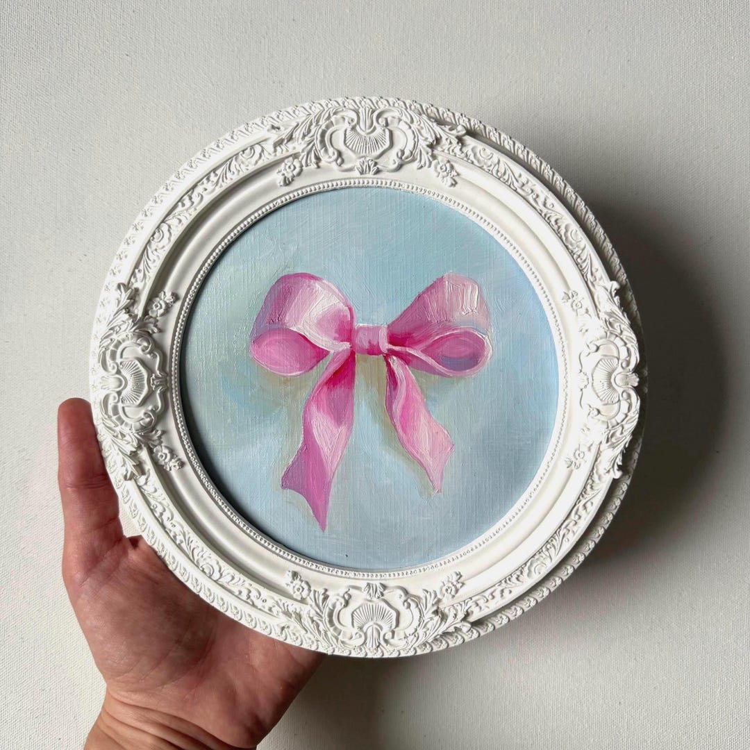 Pink Bow Original Oil Painting Pastel Miniature With Round Vintage ...