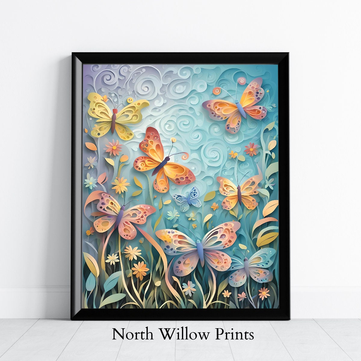 Paper Butterflies and Wildflower Garden Digital Printable Wall Art - Etsy
