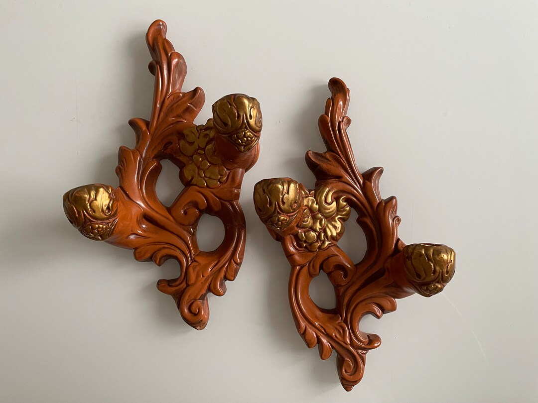 Vintage Chalkware Candle Sconces, Gold and Orange Flourishes - Etsy