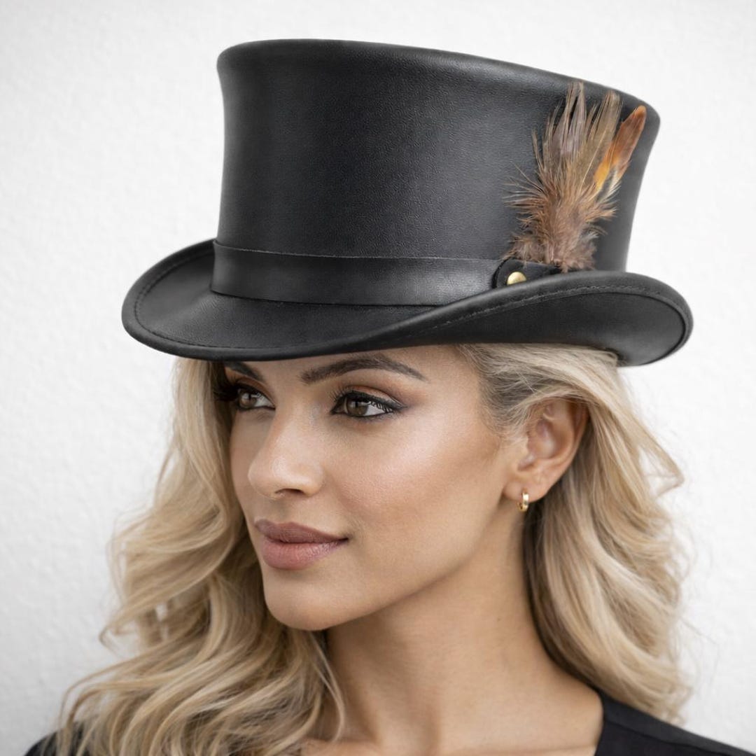 Black Leather Steampunk Top Hat | Feather Gothic Victorian Cosplay Hat ...