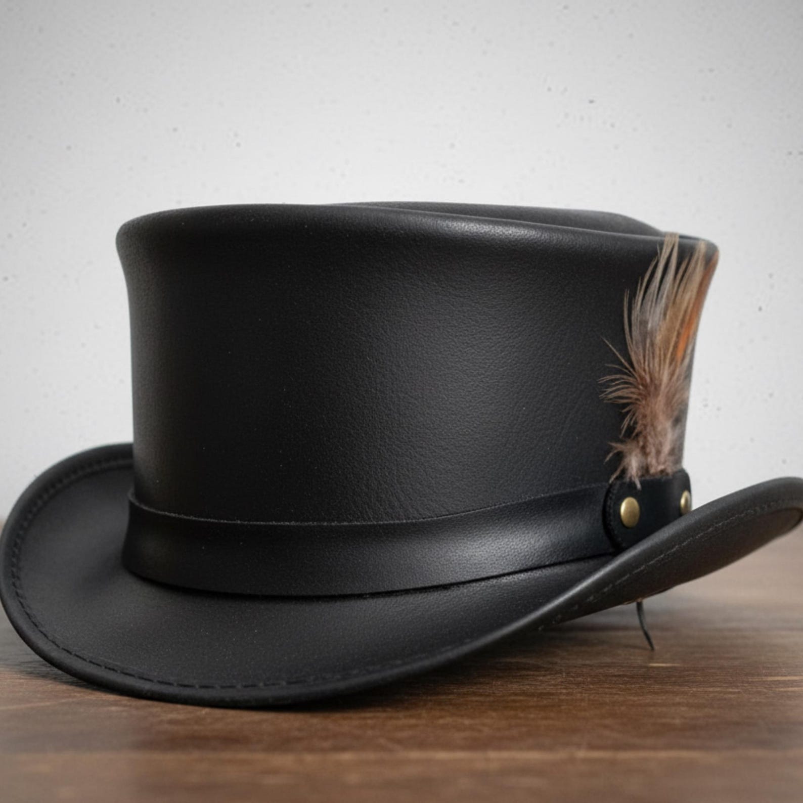 Black Leather Steampunk Top Hat | Feather Gothic Victorian Cosplay Hat ...