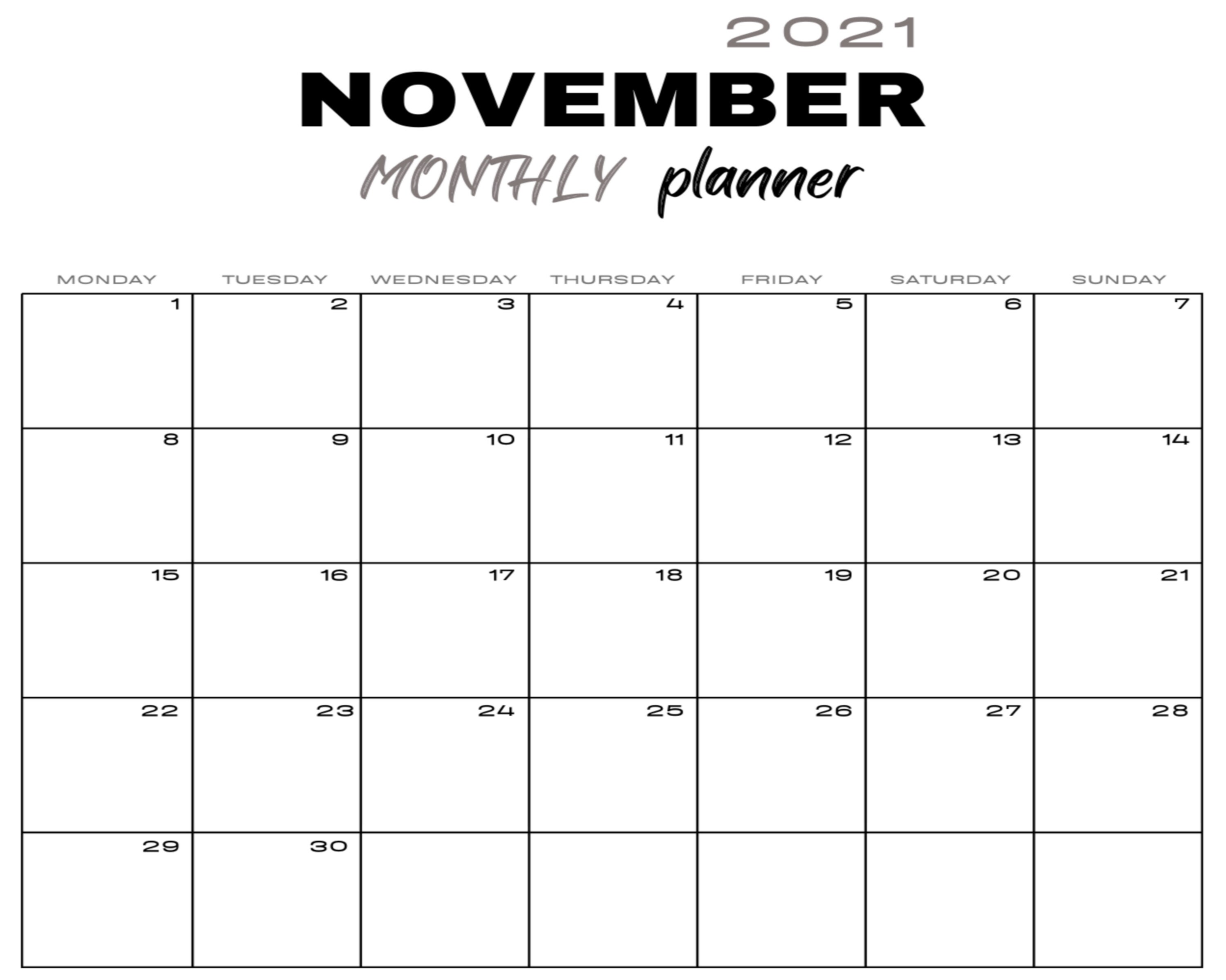 Basic Instant Download Printable Month of NOVEMBER 2021 Minimalist ...