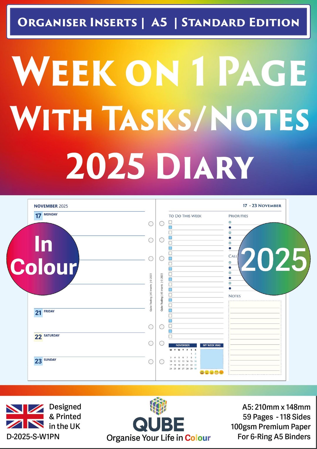 2025 A5 Diary Inserts / Refills standard Week on 1 Page With Notes ...