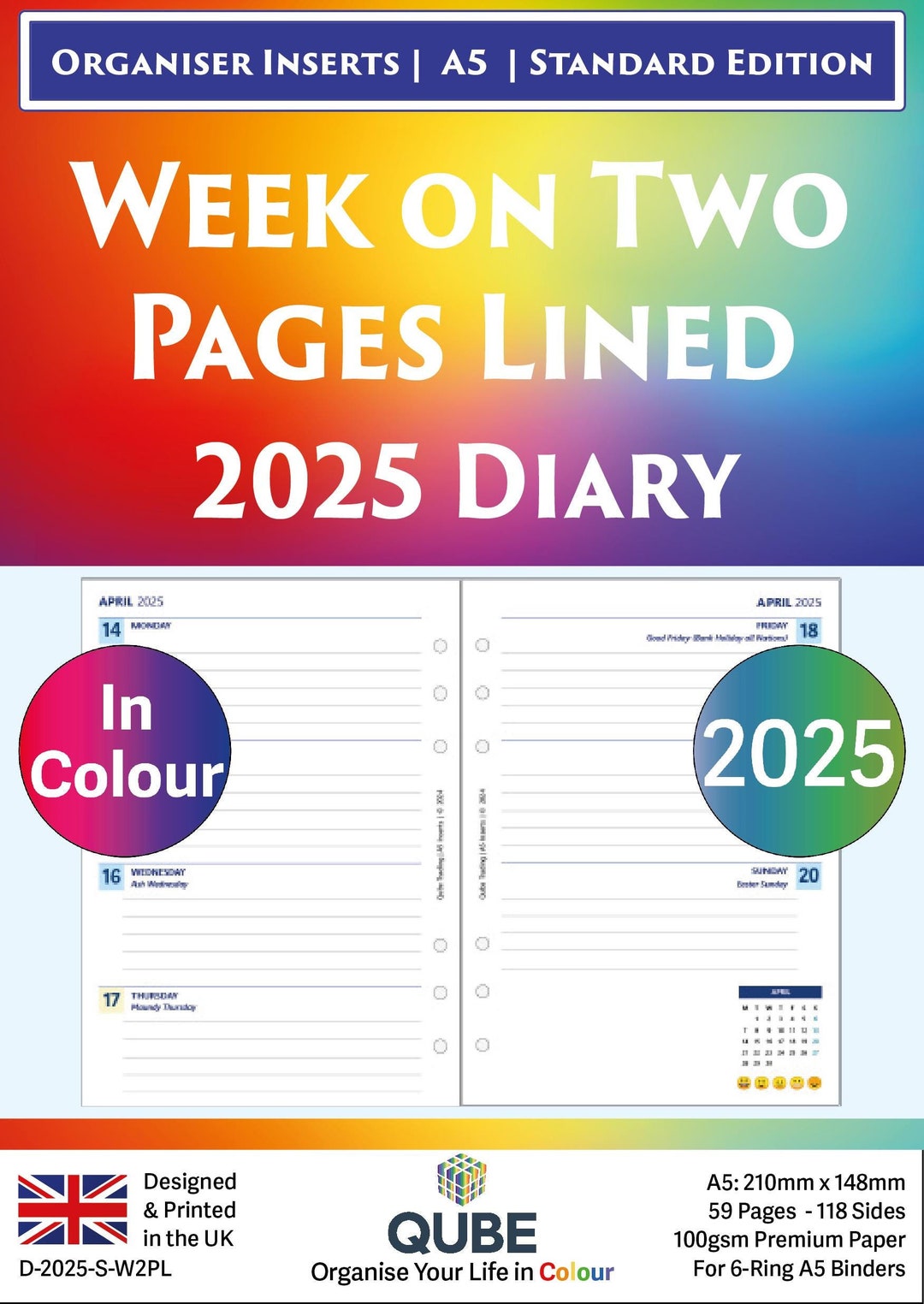 2025 A5 Diary Inserts / Refills STANDARD Week on 2 Pages Lined With ...