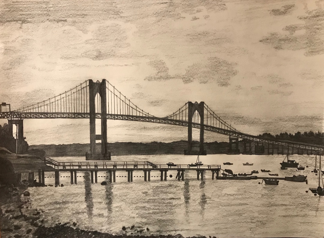 Claiborne Pell Bridge Pencil Drawing Print | Ocean Wall Decor | Newport ...