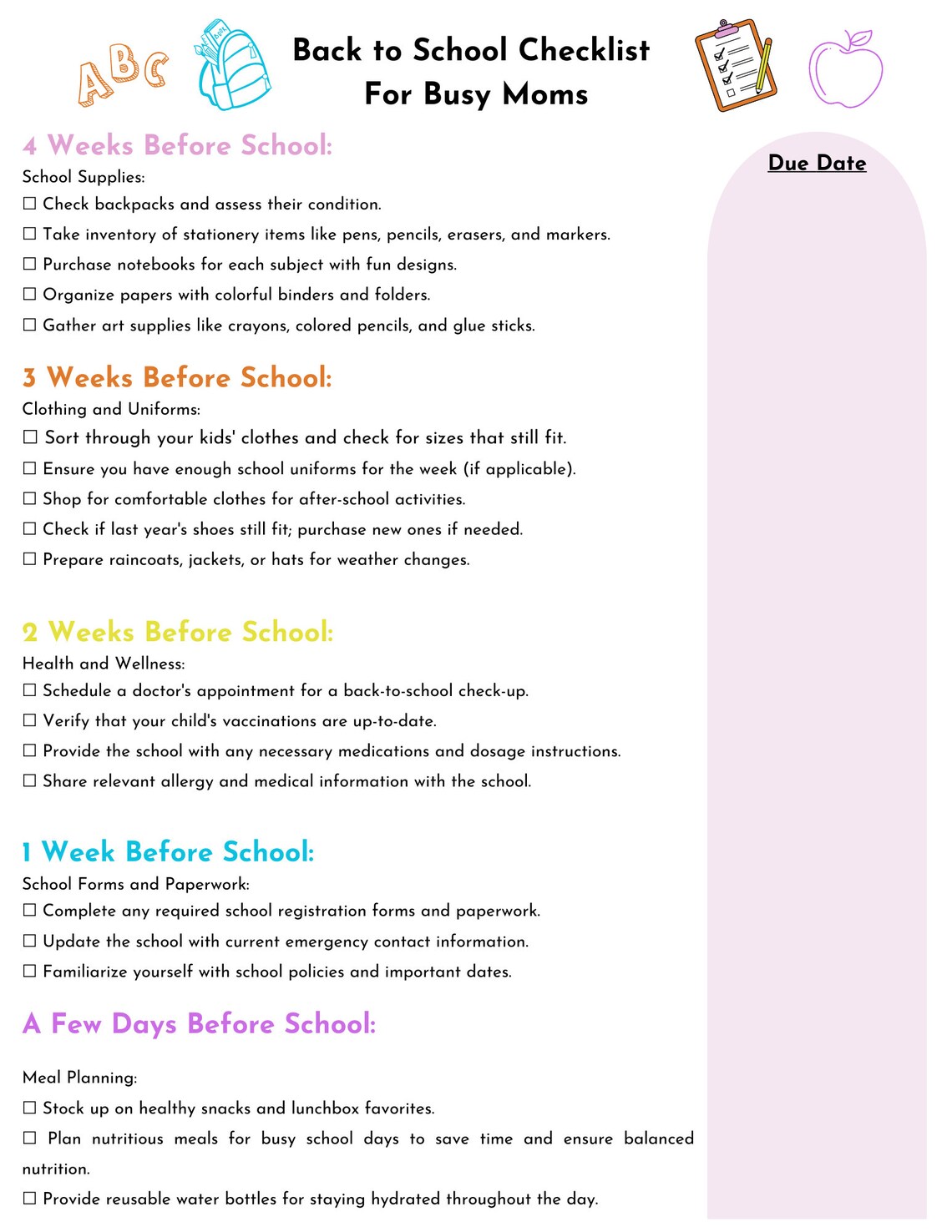 Editable Back to School Checklist | Printable to Do List | Weekly ...
